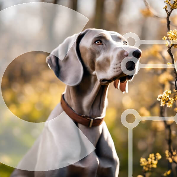 Curious Weimaraner Dog in Woods with Yellow Flowers stock photo ...