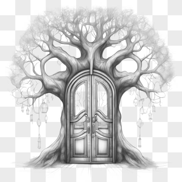 Download Black and White Drawing of Tree with Open Door Sketches Online ...