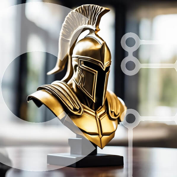 Gold Spartan Helmet Displayed on Wooden Table stock photo | Creative ...