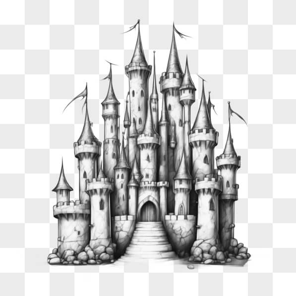 Download Black and White Castle Drawing with Turrets and Towers ...