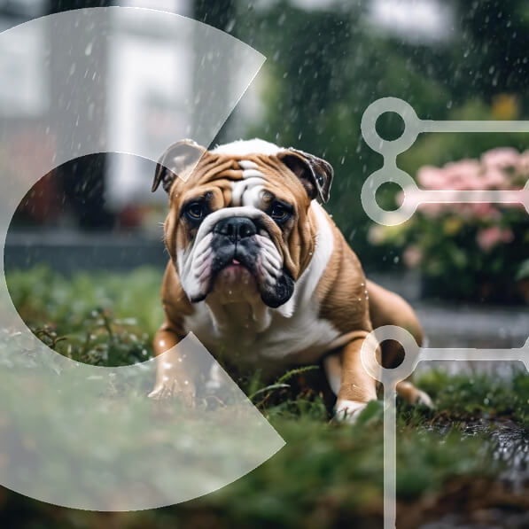 Adorable Bulldog Playing in the Rain stock photo | Creative Fabrica