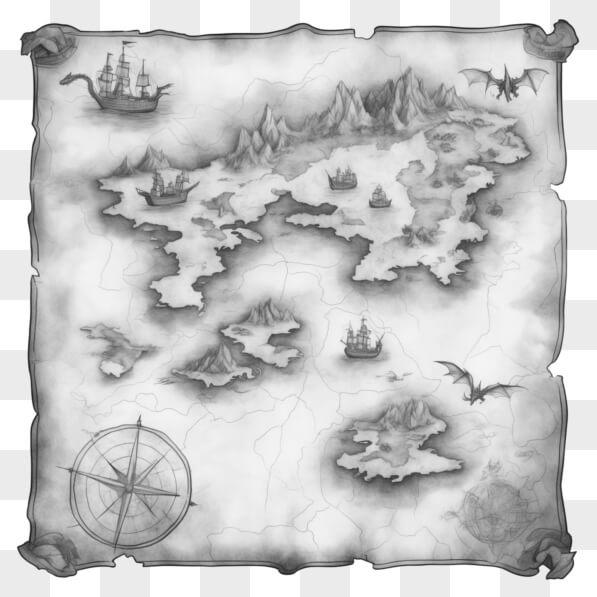 Download Black and White Drawing of Old Map with Pirates, Ships, and ...