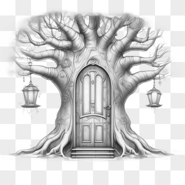Download Whimsical Black and White Drawing of Tree with Door and ...