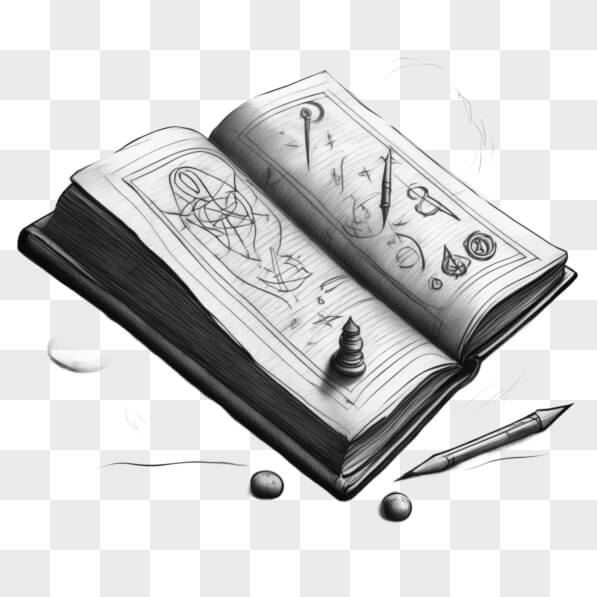 Download Black and White Drawing of Open Book with Magic Elements ...