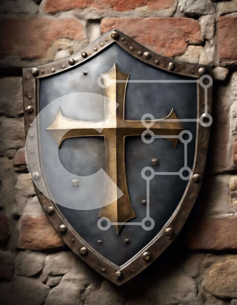 Ornate Shield with Cross on Brick Wall stock photo | Creative Fabrica