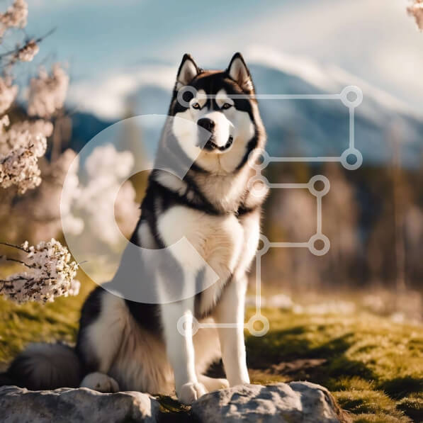Husky Dog in Cherry Blossom Garden stock photo | Creative Fabrica