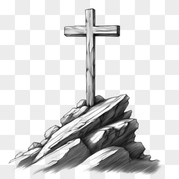 Download Symbolische tekening van een kruis op rotsen met 'Jezus ...