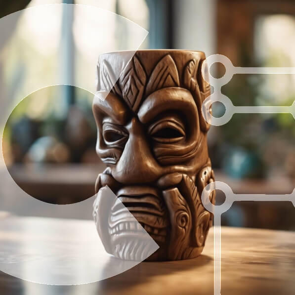 Wooden Tiki Cup with Carved Face and Plants stock photo | Creative Fabrica