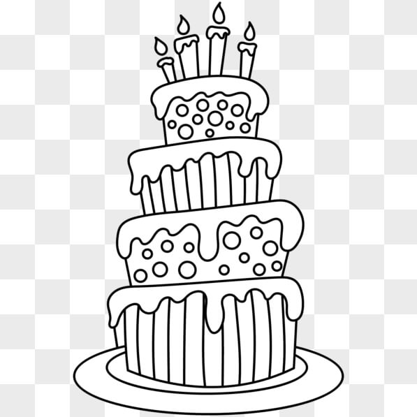 Download Coloring Page: Three-Tiered Birthday Cake with Candles PNGs ...