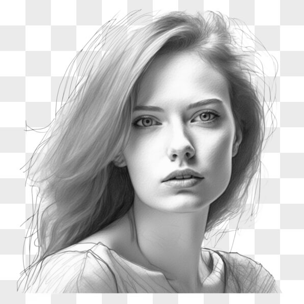 Download Black-and-White Drawing of an Attractive Woman with Flowing ...