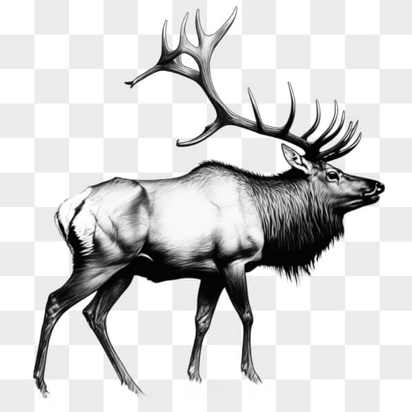 Download Black and White Drawing of Elk with Large Antlers Standing in ...