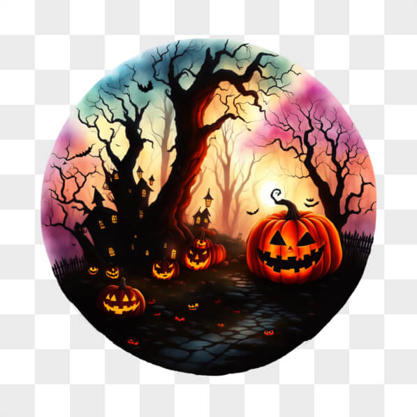 Download Circular Halloween Painting with Pumpkins, Trees, Ghosts, Bats ...