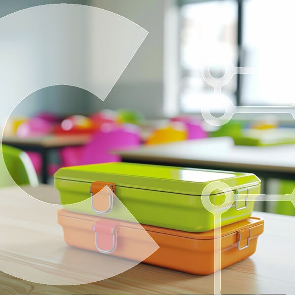 Colorful Lunch Boxes in an Empty Classroom stock photo | Creative Fabrica