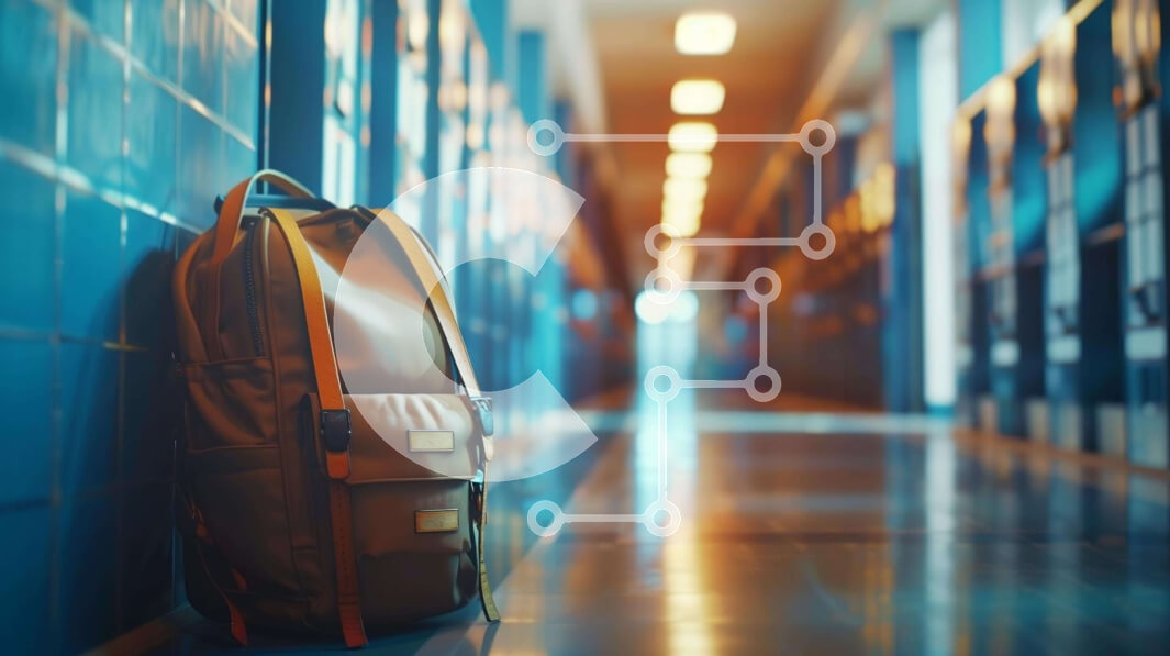 Backpack in School Hallway with Lockers stock photo | Creative Fabrica