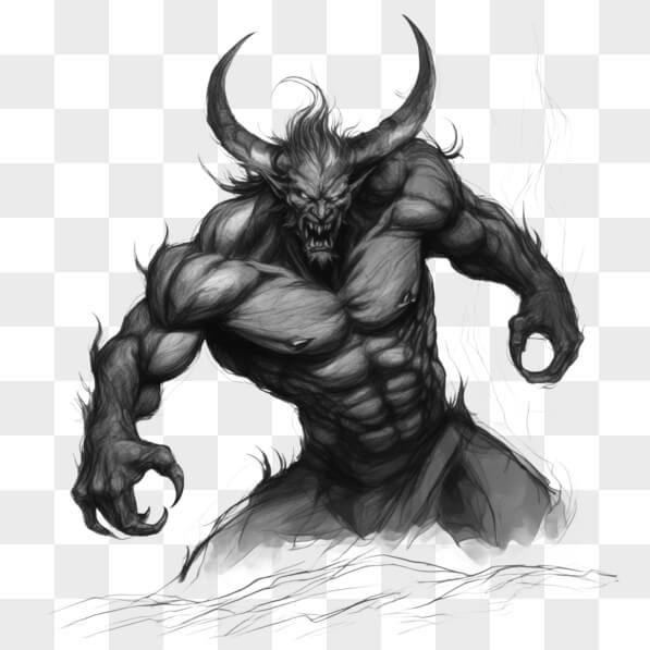 Download Black and White Drawing of Angry Demon with Large Horns ...