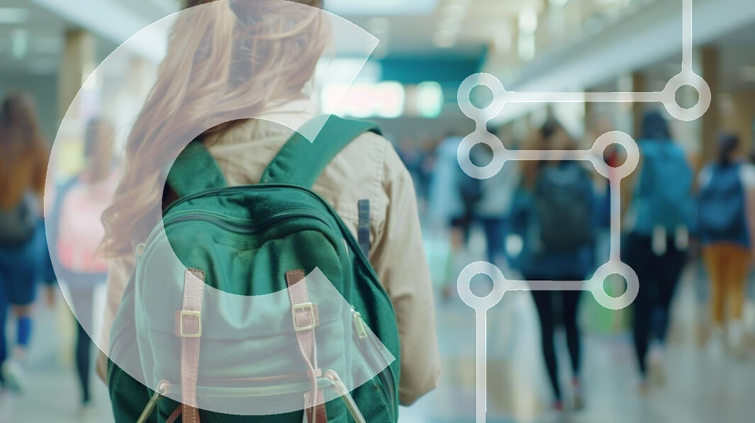 Young Woman Walking with Backpack in a Hallway stock photo | Creative ...