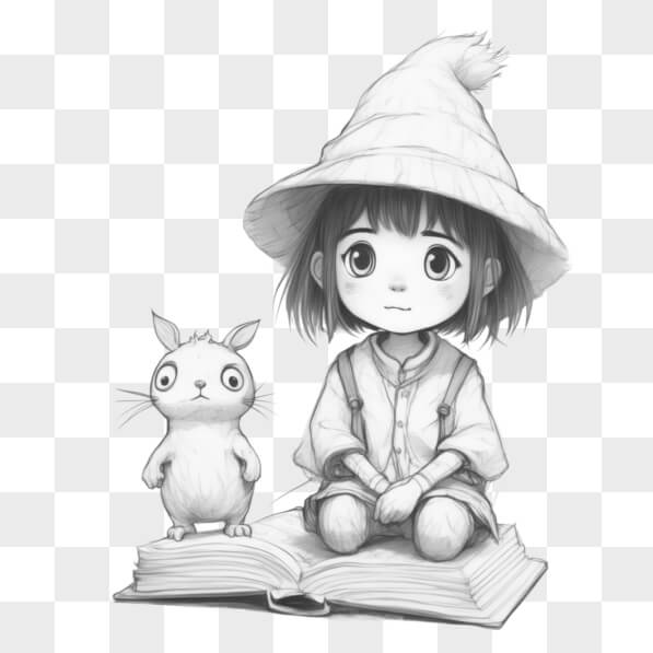 Download Zwart-wit tekening van meisje, boek en kat Schetsen online op ...