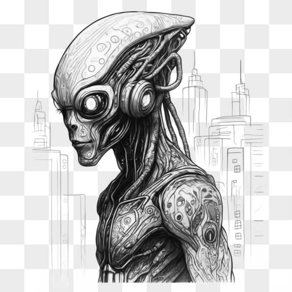 Download Black and White Drawing of Alien with Headphones in Cityscape ...