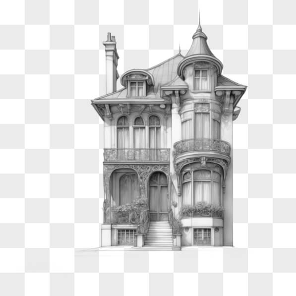Download Victorian-Style House Drawing with Balconies and Stairs ...