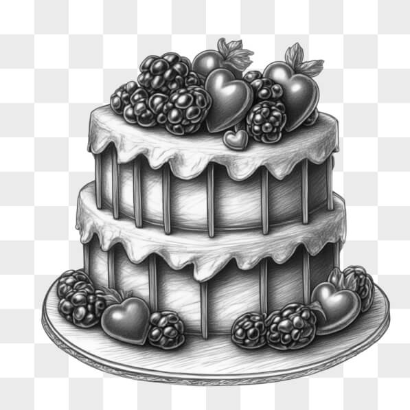 Download Elaborate Three-Tiered Cake Drawing with Berries and Fruits ...