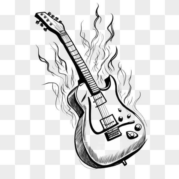 Download Black and White Electric Guitar Drawing with Flames Sketches ...