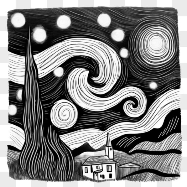 Download Black and White Drawing of Starry Night with Old House ...