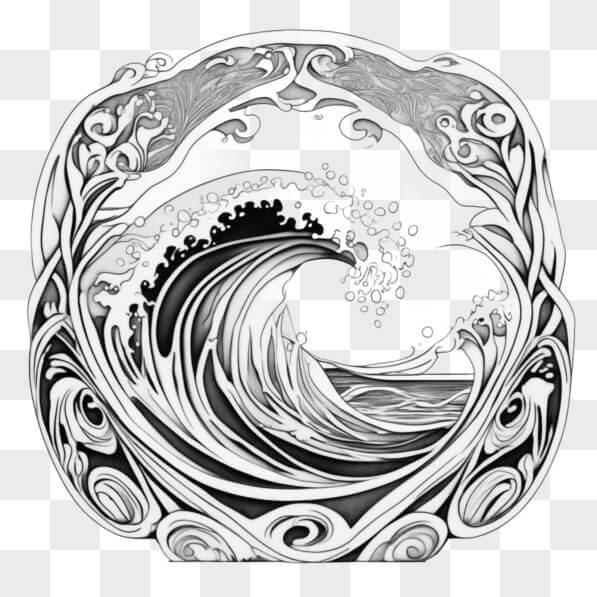 Download Black and White Drawing of Ocean Wave with Swirling Patterns ...