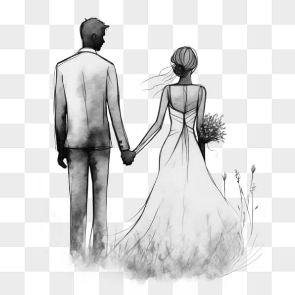 Download Black-and-White Wedding Drawing of Couple Holding Hands in ...