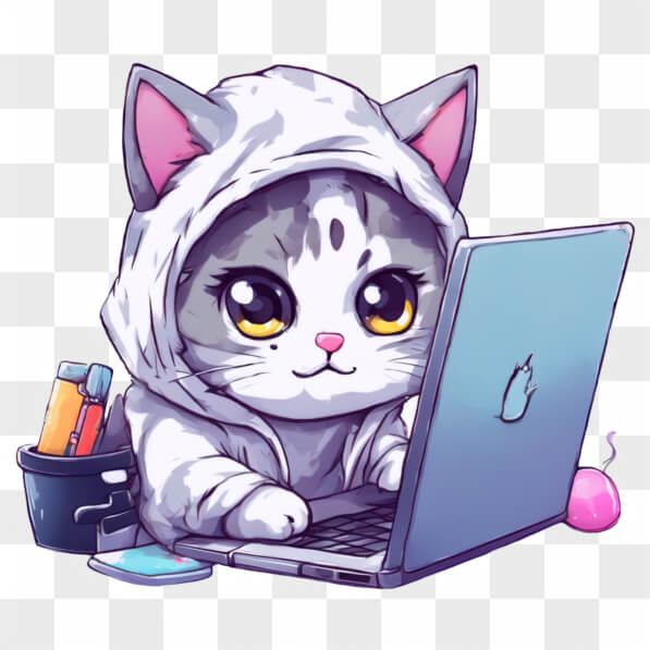 Download Kawaii Cat with Hoodie and Laptop Kawaii Online - Creative Fabrica