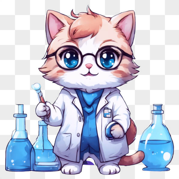 Download Kawaii Cartoon Cat in Academic Lab Coat with Test Tubes and ...