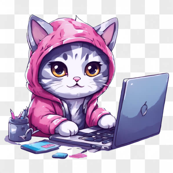 Download Kawaii Pink Cat at Computer Desk Kawaii Online - Creative Fabrica