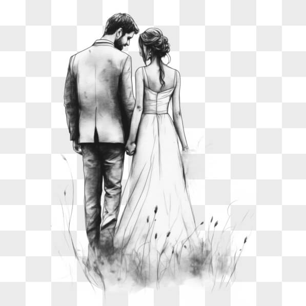 Download Romantic Black-and-White Drawing of Bride and Groom Walking in ...