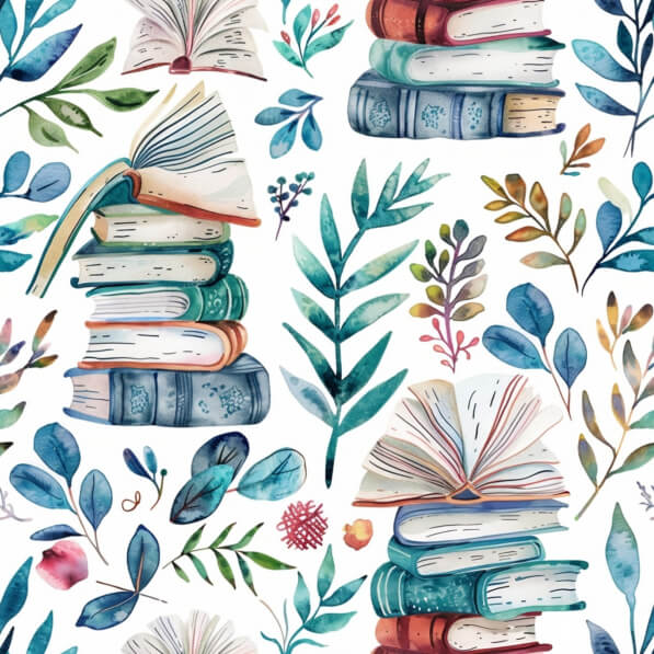 Download Seamless Pattern with Books, Leaves, and Flowers Patterns ...
