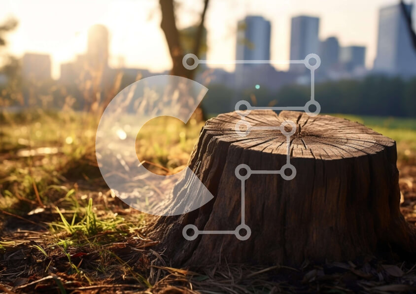 Download Tree Stump in Grassy Field with City Skyline Stockphotos ...