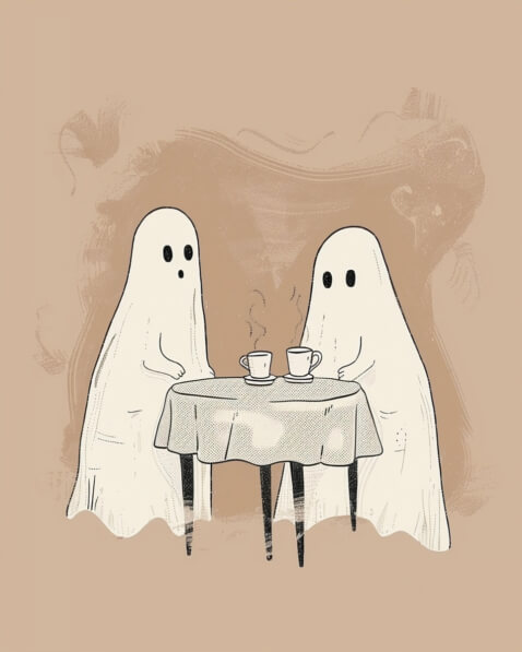 Download Spooky Ghosts Drinking Coffee or Tea at a Table Backgrounds Online - Creative Fabrica