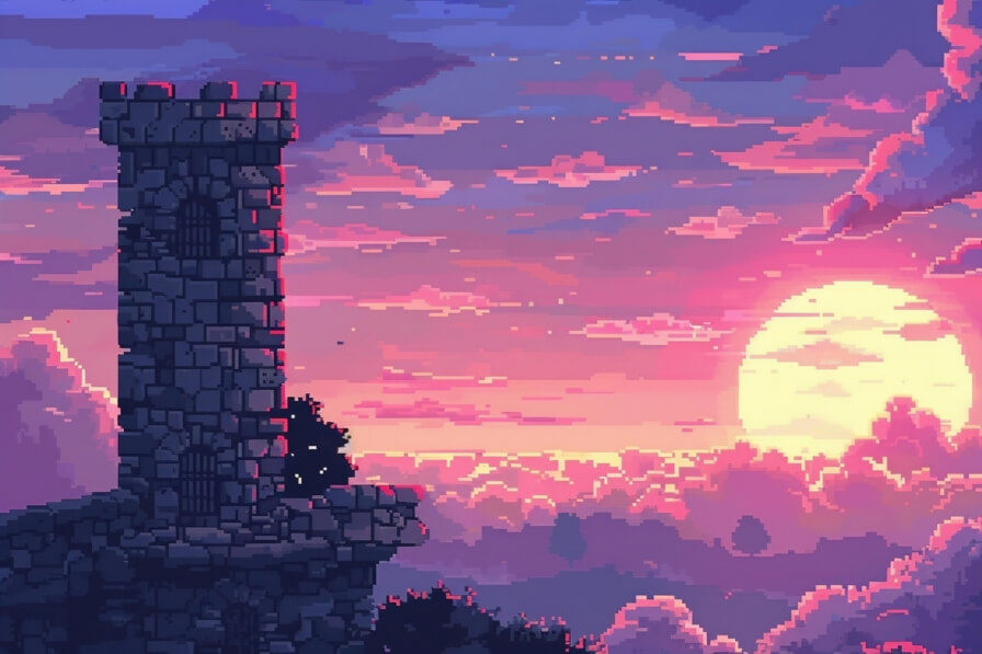 Download Castle on Hill at Sunset in Pixel Art Style Backgrounds Online ...