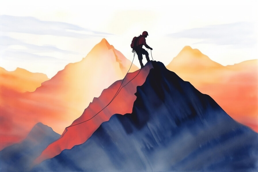 Download Mountain Climber Triumphantly Conquering Peak at Sunset ...