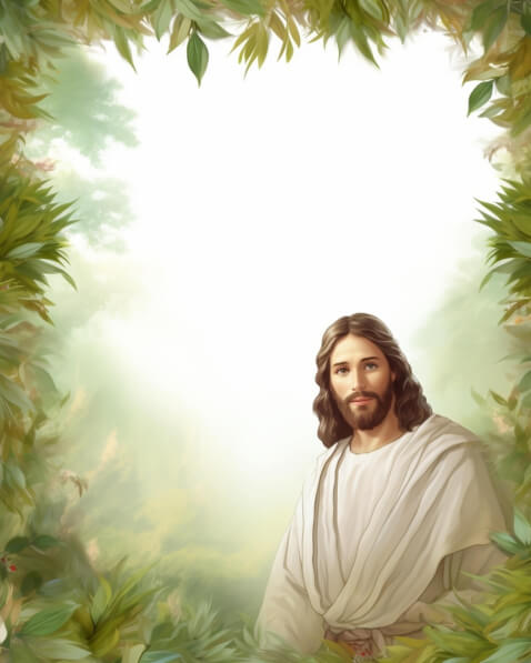 Download Image of Jesus in a Frame with Green Leaves Backgrounds Online ...