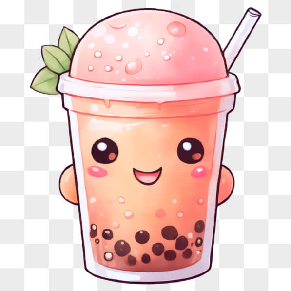 Download Kawaii Pink Bubble Tea Cup with Characters and Green Leaves ...
