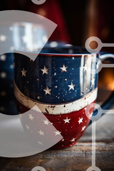 Holiday Themed Red, White, and Blue Mugs on Wooden Table stock photo ...
