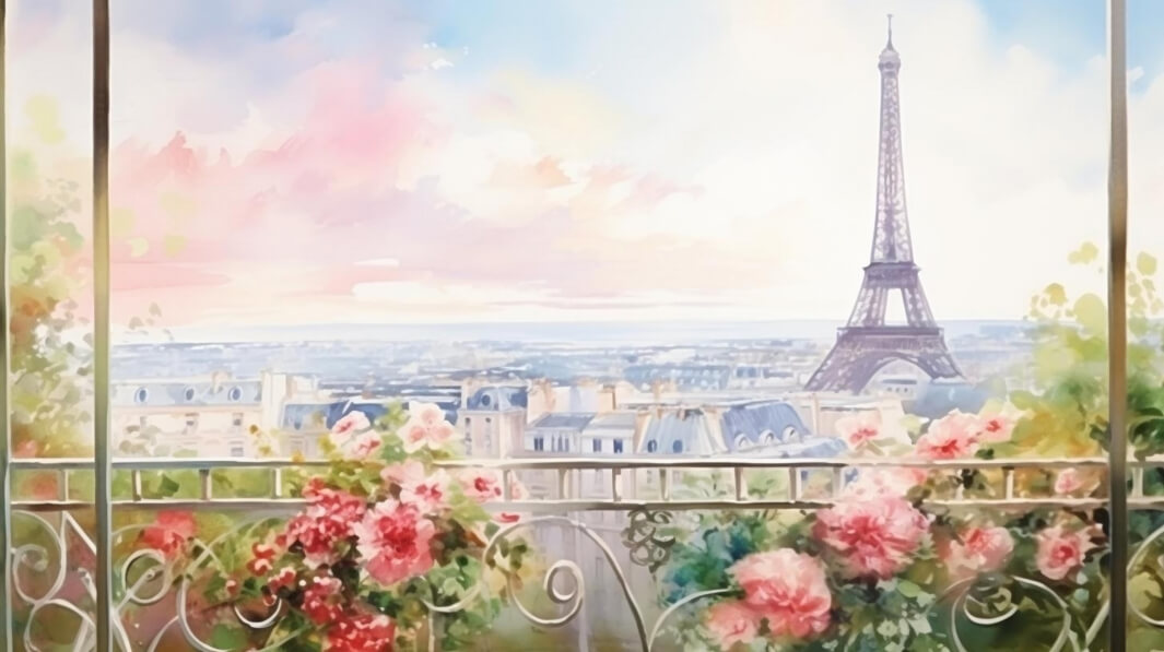 Download Idyllic Painting of Paris with Eiffel Tower and Pink Flowers ...