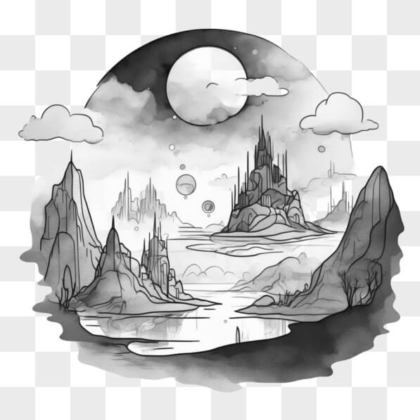 Download Imaginary Landscape Drawing with Mountains, Lakes, and Moon ...