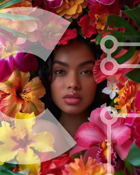 Woman Surrounded by Colorful Flowers stock photo | Creative Fabrica