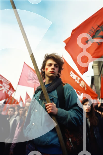 Man with Orange and Red Flag Surrounded by People stock photo ...