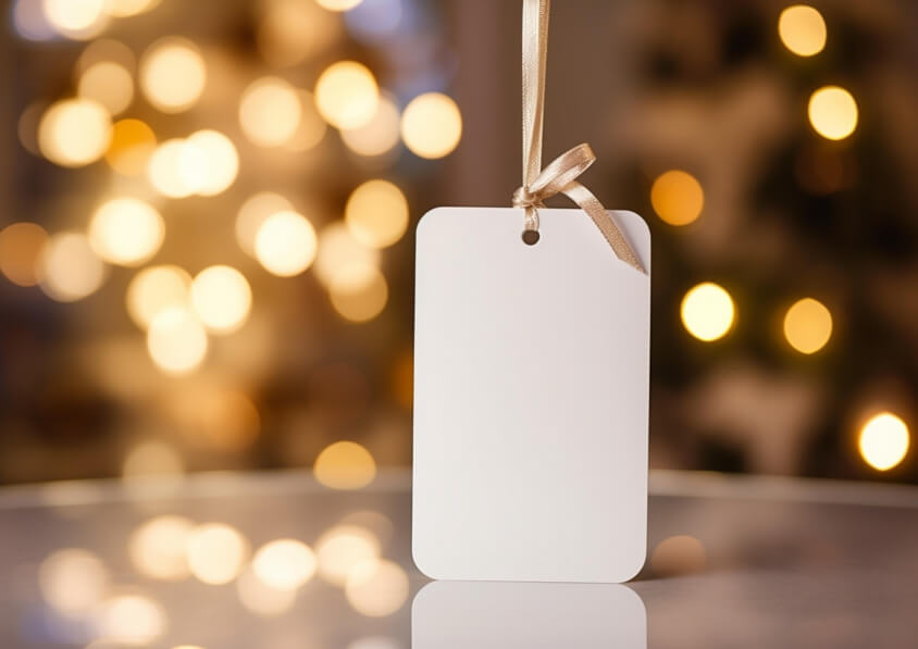 Download White Gift Tag Hanging with Blurry Background Mockups Online ...