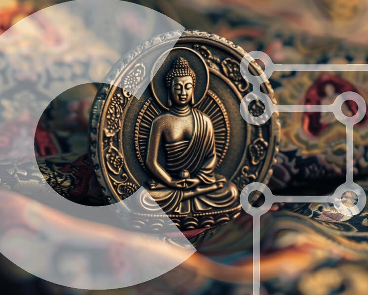 Gold Buddha Coin on Ornately Patterned Fabric stock photo | Creative ...