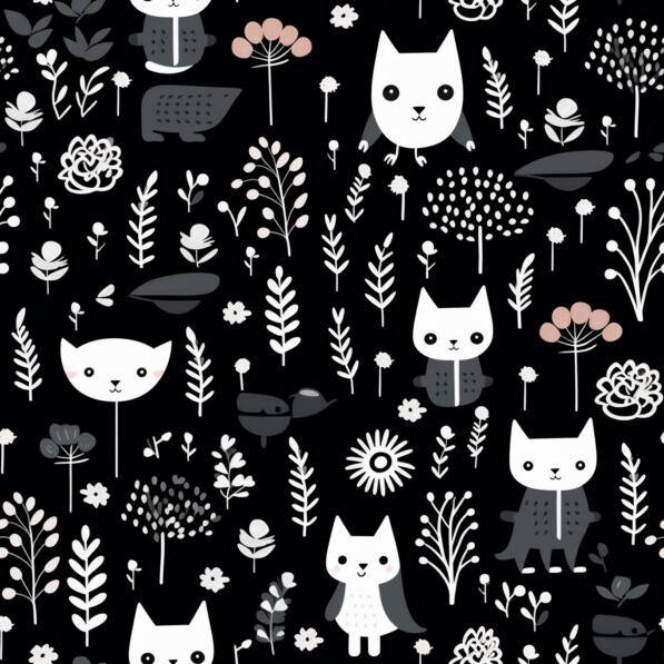 Download Cute Black and White Seamless Pattern with Cats, Flowers, and ...