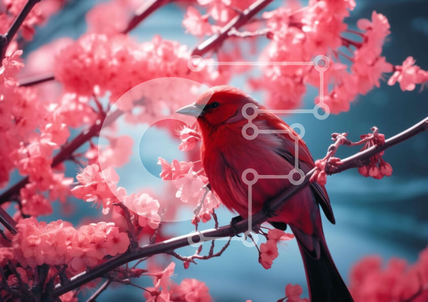 Red Bird on Pink Flowering Tree stock photo | Creative Fabrica