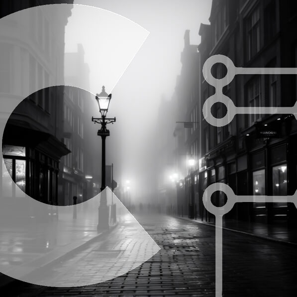 Dark Foggy Street with Pedestrians and Street Light stock photo ...