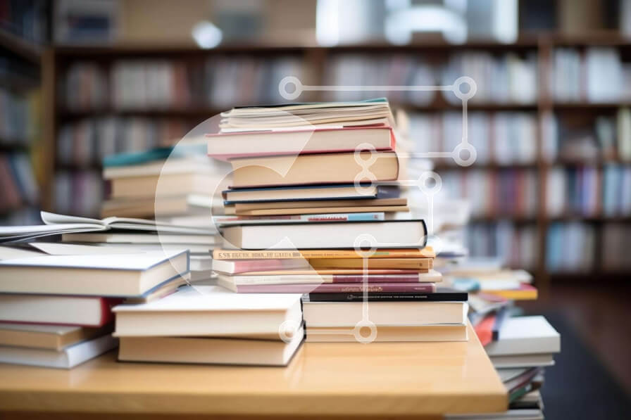 Books Stack on Wooden Table in Library stock photo | Creative Fabrica